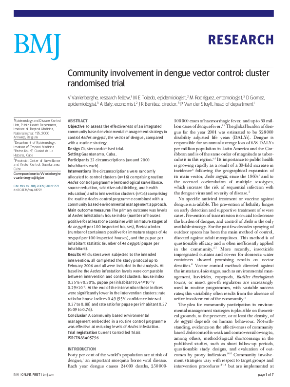 (PDF) Community involvement in dengue vector control: cluster randomised trial