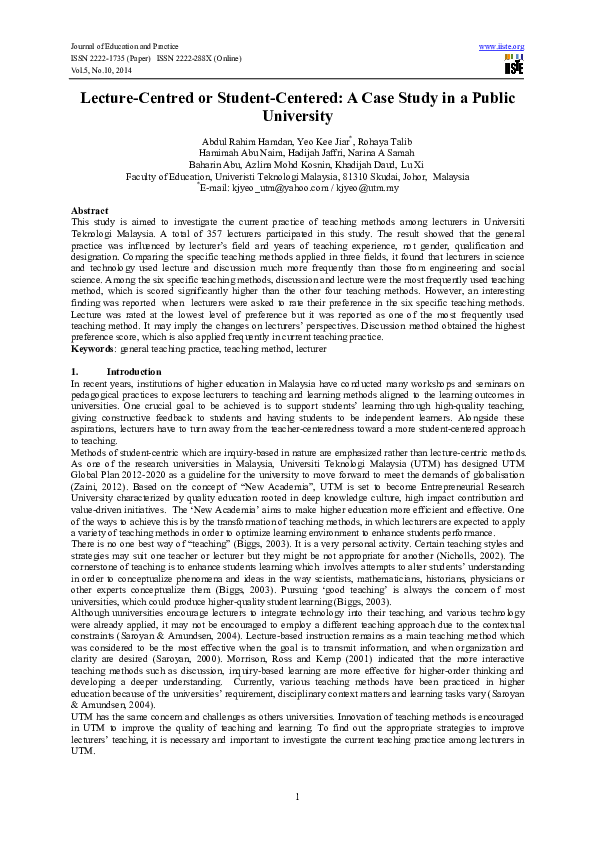 (PDF) Lecture-Centred or Student-Centered: A Case Study in a Public University