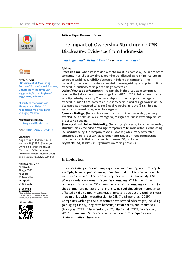 (PDF) The Impact of Ownership Structure on CSR Disclosure: Evidence from Indonesia