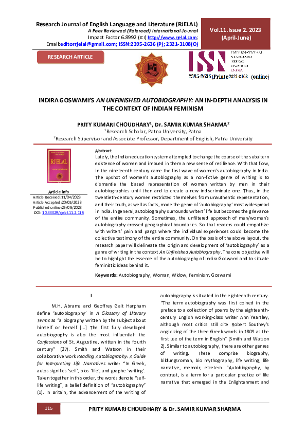 (PDF) INDIRA GOSWAMI'S AN UNFINISHED AUTOBIOGRAPHY: AN IN-DEPTH ANALYSIS IN THE CONTEXT OF ...