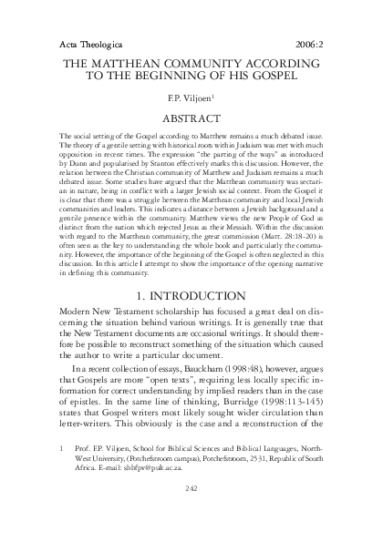 (PDF) The Matthean community according to the beginning of his gospel