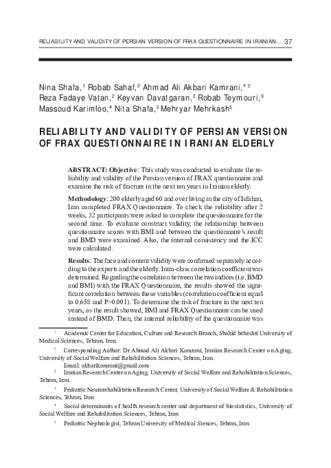 Pdf Reliability And Validity Of Persian Version Of Frax Questionnaire In Iranian Elderly