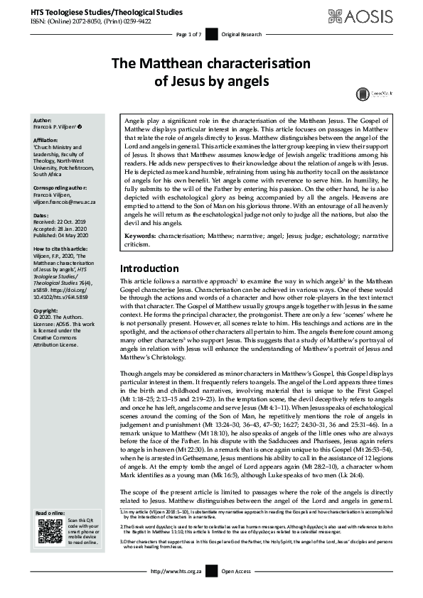 (PDF) The Matthean characterisation of Jesus by angels