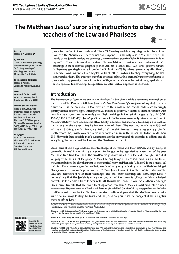 (PDF) The Matthean Jesus’ surprising instruction to obey the teachers ...