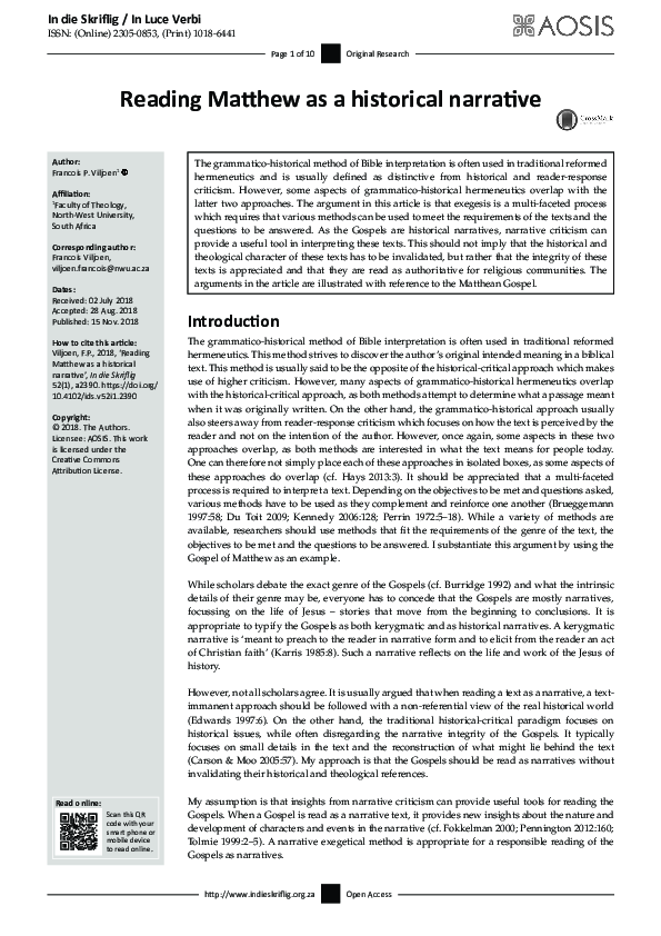 (PDF) Reading Matthew as a historical narrative