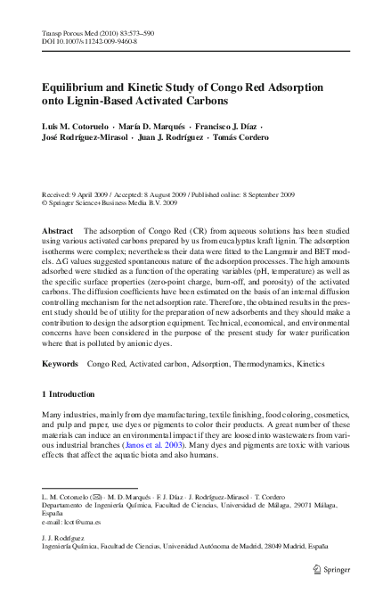(PDF) Equilibrium and Kinetic Study of Congo Red Adsorption onto Lignin-Based Activated Carbons