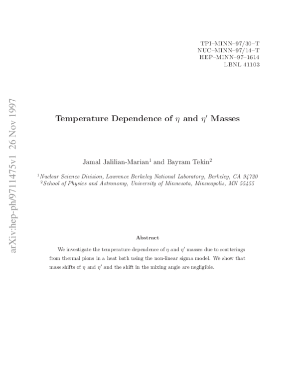 (PDF) Temperature Dependence of\ eta and\ eta^{\ prime} Masses