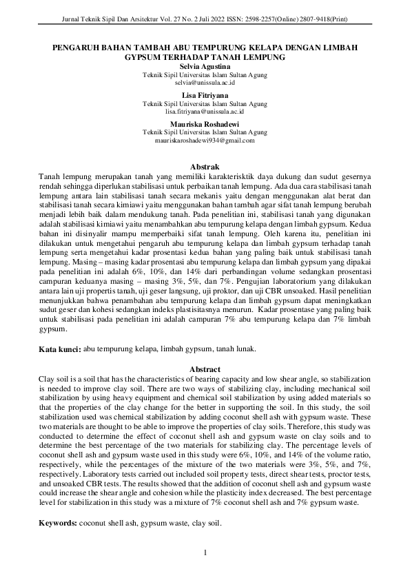 (PDF) Pengaruh Bahan Tambah Abu Tempurung Kelapa Dengan Limbah Gypsum Terhadap Tanah Lempung ...