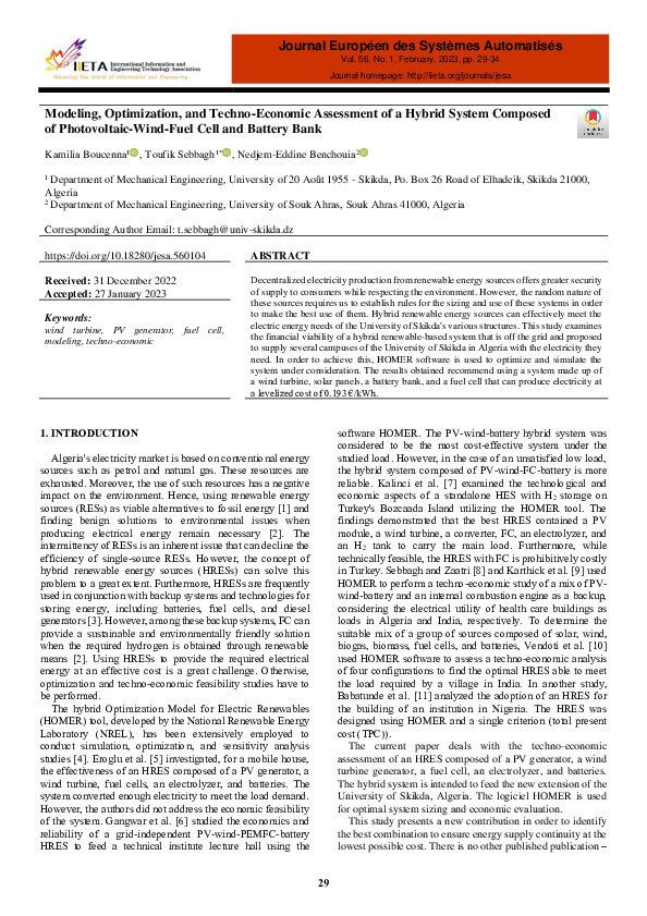 Pdf Modeling Optimization And Techno Economic Assessment Of A