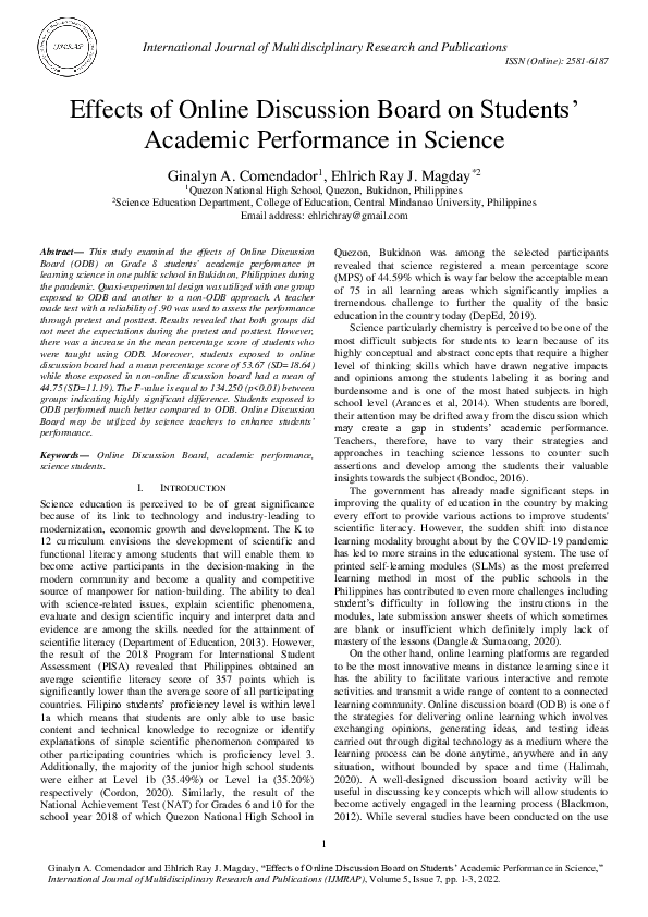 (PDF) Effects of Online Discussion Board on Students' Academic ...