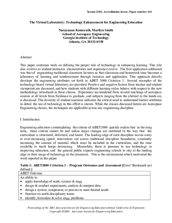 (PDF) The Virtual Laboratory: Technology Enhancement For Engineering Education