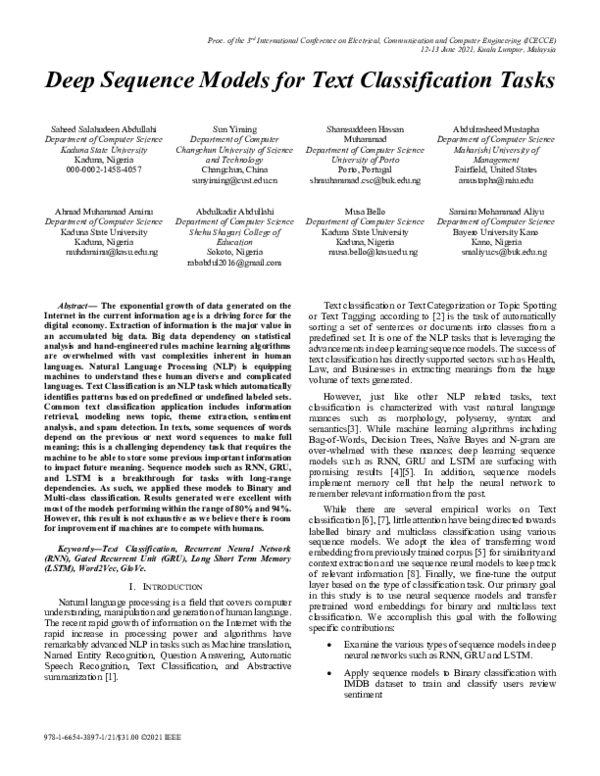 Pdf Deep Sequence Models For Text Classification Tasks