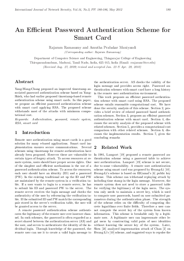 (PDF) An Efficient Password Authentication Scheme for Smart Card