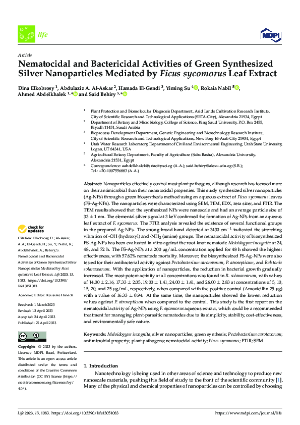 (PDF) Nematocidal and Bactericidal Activities of Green Synthesized Silver Nanoparticles Mediated ...