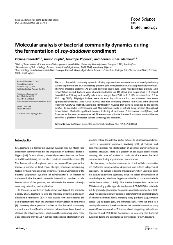 Pdf Molecular Analysis Of Bacterial Community Dynamics During The