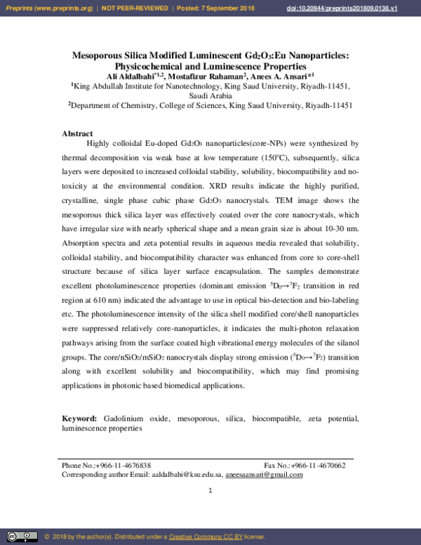 (PDF) Mesoporous silica modified luminescent Gd2O3:Eu nanoparticles: physicochemical and ...