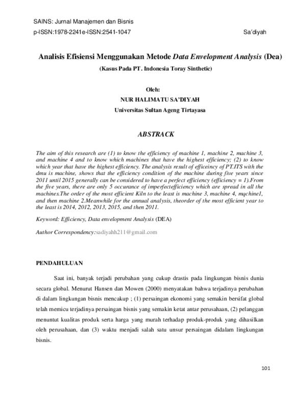(PDF) Analisis Efisiensi Menggunakan Metode Data Envelopment Analysis ...