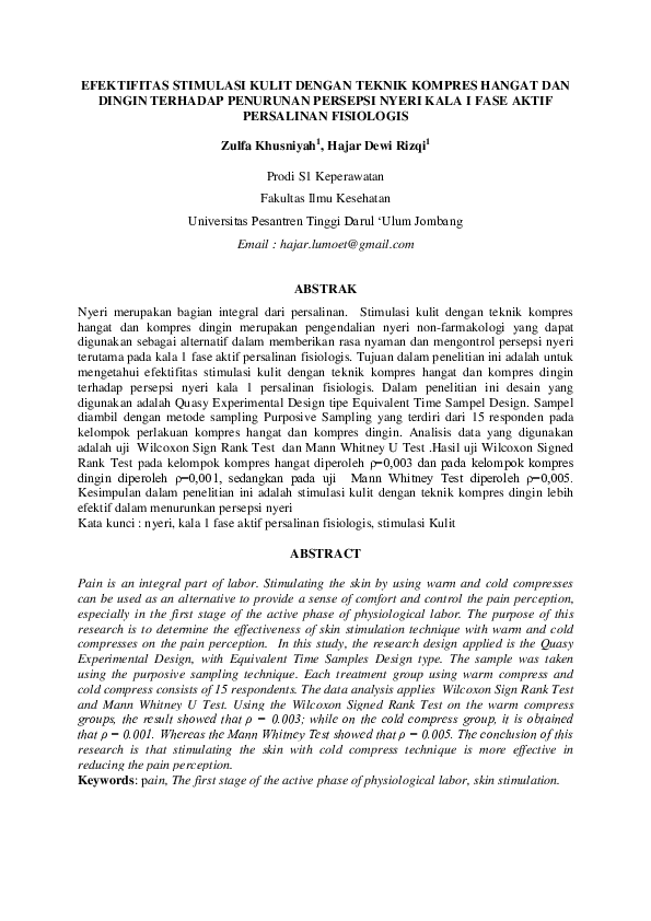 (PDF) Efektifitas Stimulasi Kulit Dengan Teknik Kompres Hangat Dan ...