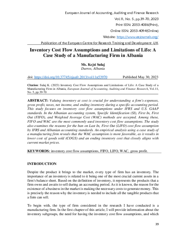 (PDF) Inventory Cost Flow Assumptions and Limitations of LIFO: A Case Study of a Manufacturing ...