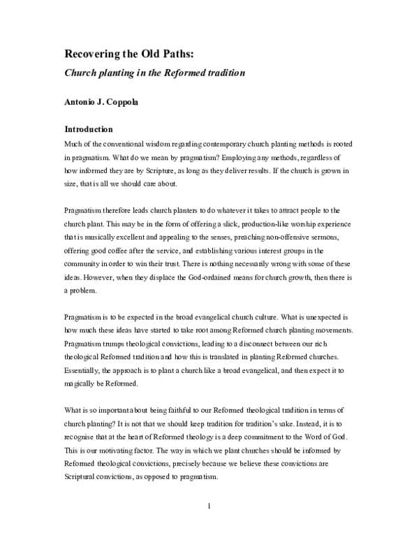 (PDF) Recovering the Old Paths: Church planting in the Reformed tradition