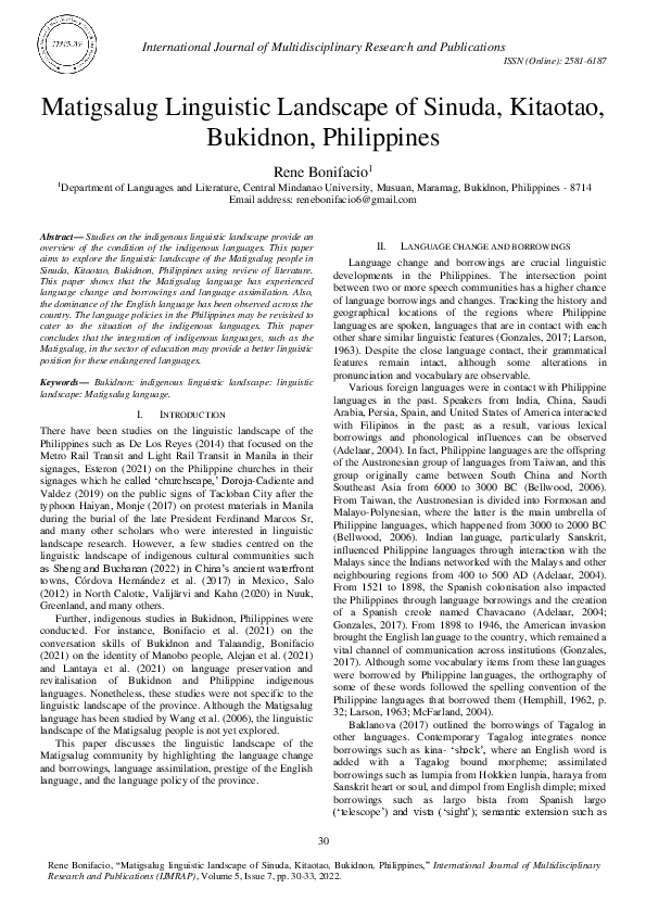 (PDF) Matigsalug Linguistic Landscape of Sinuda, Kitaotao, Bukidnon ...