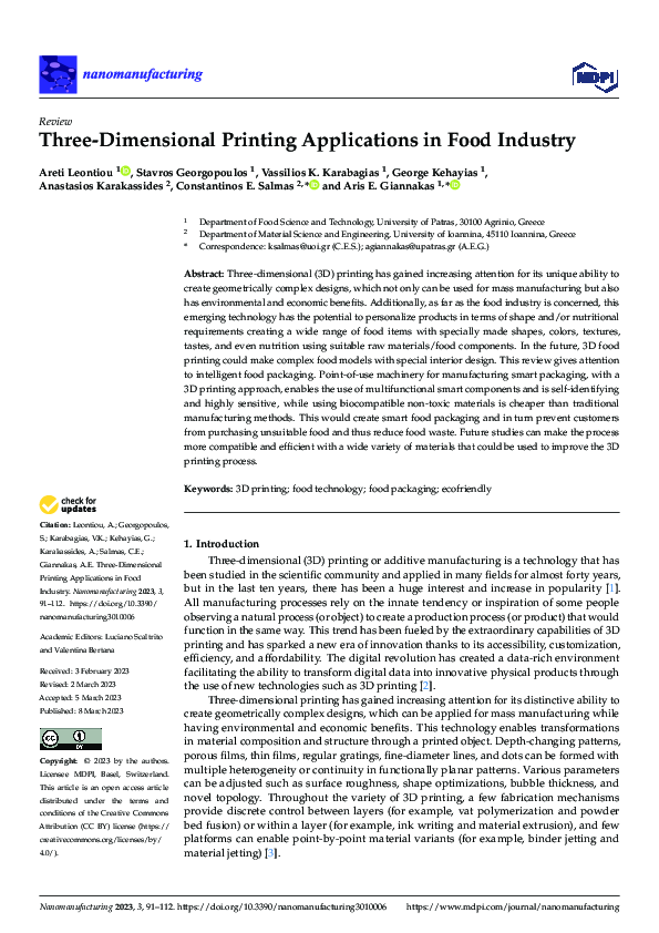 (PDF) Three-Dimensional Printing Applications in Food Industry