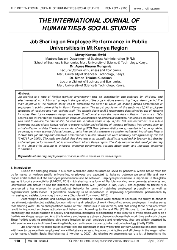 (PDF) Job Sharing on Employee Performance in Public Universities in Mt ...