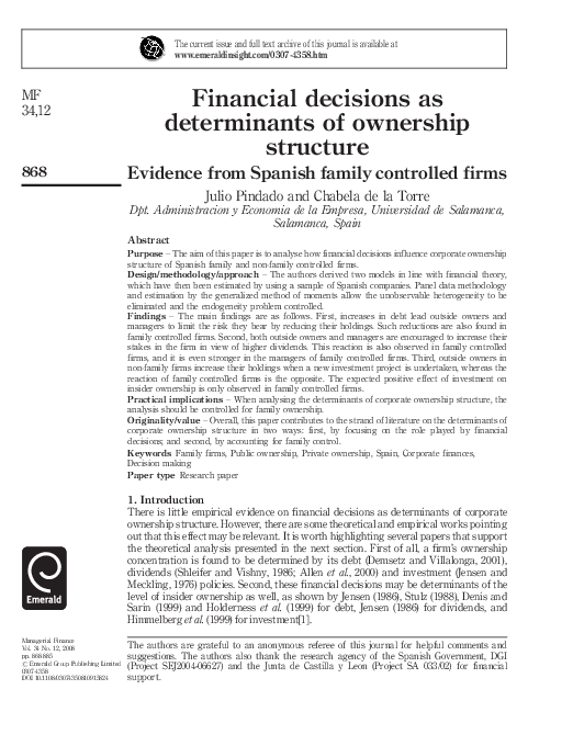 (PDF) Financial decisions as determinants of ownership structure