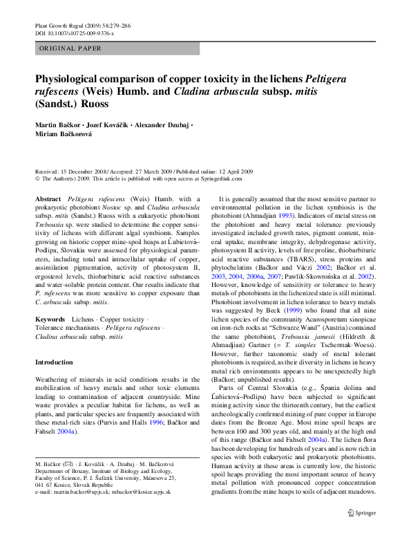 (PDF) Physiological comparison of copper toxicity in the lichens ...