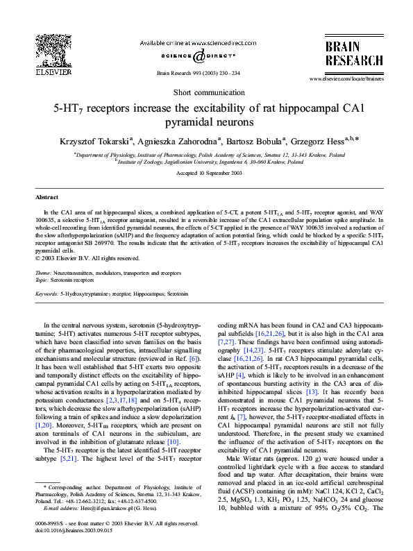(PDF) 5-HT7 receptors increase the excitability of rat hippocampal CA1 ...