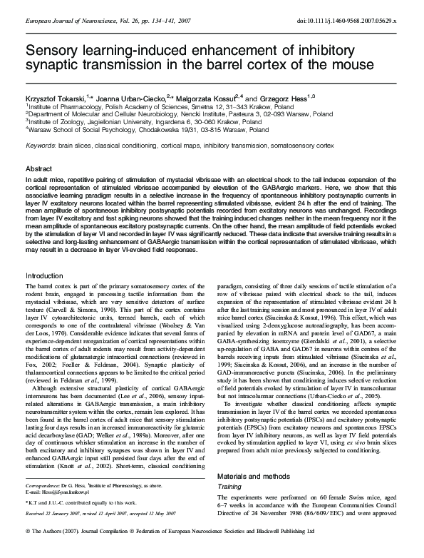 (PDF) Sensory learning-induced enhancement of inhibitory synaptic transmission in the barrel ...