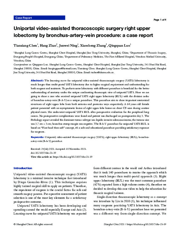 (PDF) Uniportal video-assisted thoracoscopic surgery right upper lobectomy by bronchus-artery ...