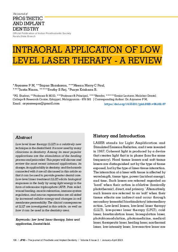 (PDF) Intraoral Application of Low Level Laser Therapy -A Review