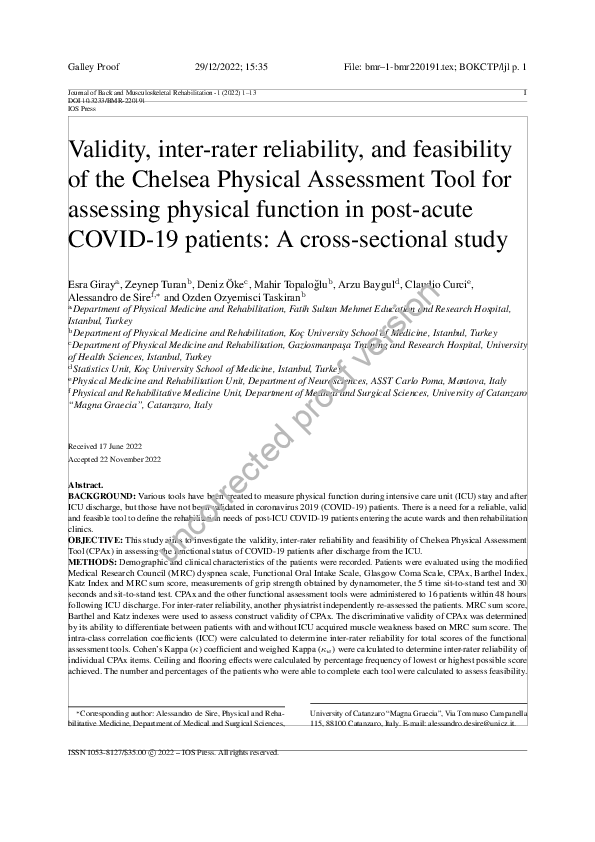 (PDF) Validity, inter-rater reliability, and feasibility of the Chelsea Physical Assessment Tool ...