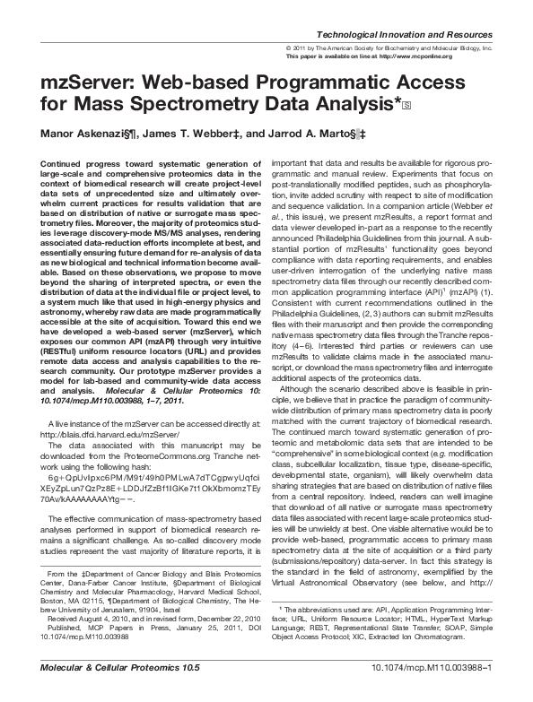 (PDF) mzServer: Web-based Programmatic Access for Mass Spectrometry Data Analysis | James Webber ...