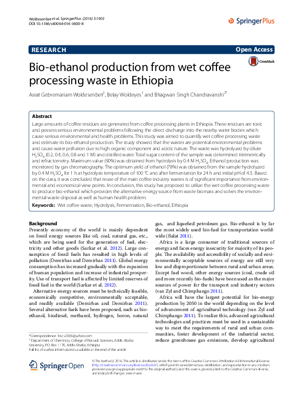 (PDF) Bio-ethanol production from wet coffee processing waste in Ethiopia