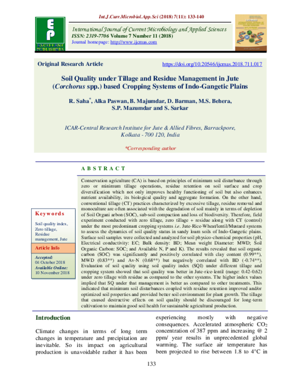 (PDF) Soil Quality under Tillage and Residue Management in Jute (Corchorus spp.) based Cropping ...