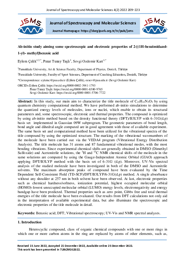 (PDF) 2-[(1H-benzimidazol-1-il)-metil]benzoik asit Molekülüne Ait Bazı ...
