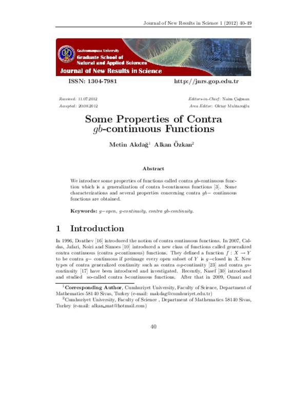 (PDF) Some Properties of Contra gb-continuous Functions