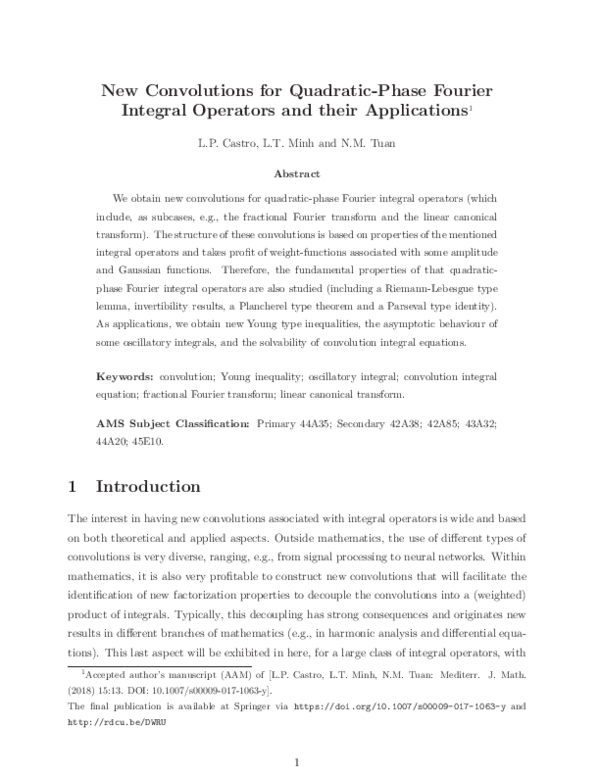 (PDF) New Convolutions for Quadratic-Phase Fourier Integral Operators and their Applications