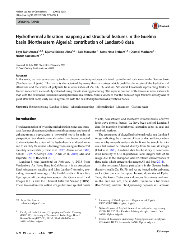 (PDF) Hydrothermal alteration mapping and structural features in the Guelma basin (Northeastern ...