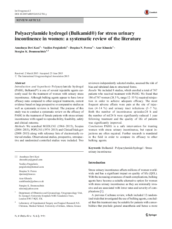 (PDF) Polyacrylamide hydrogel (Bulkamid®) for stress urinary incontinence in women: a systematic ...