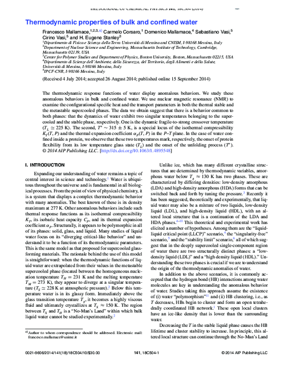 (PDF) Thermodynamic properties of bulk and confined water | Sebastiano Vasi - Academia.edu