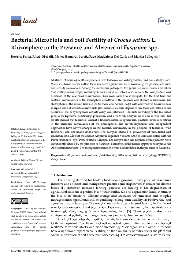 (PDF) Bacterial Microbiota and Soil Fertility of Crocus sativus L. Rhizosphere in the Presence ...