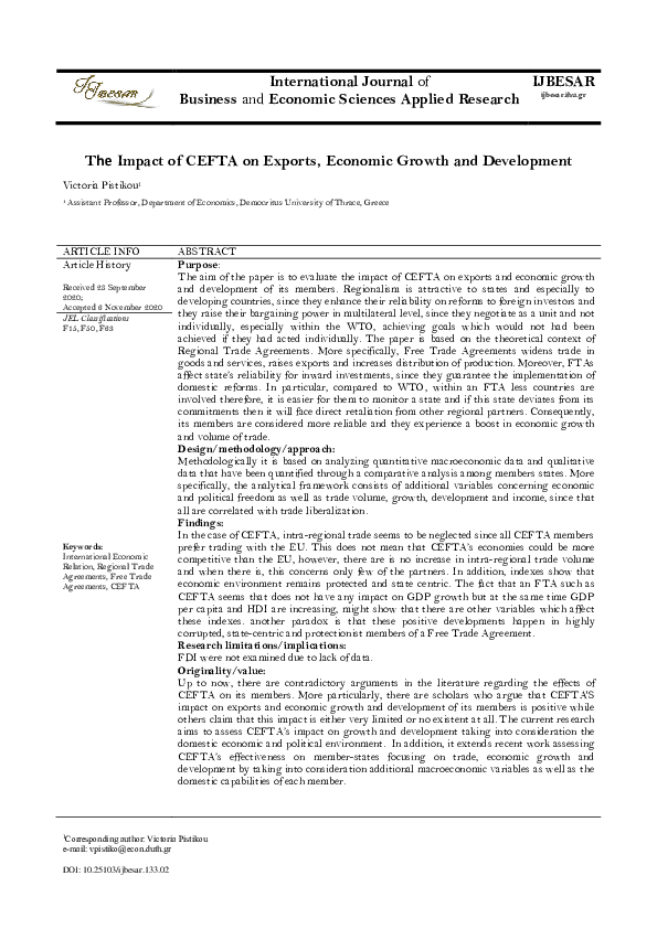 (PDF) The Impact of CEFTA on Exports, Economic Growth and Development