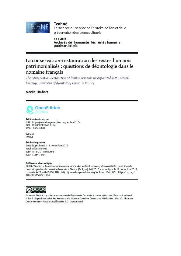 (PDF) La conservation-restauration des restes humains patrimonialisés ...