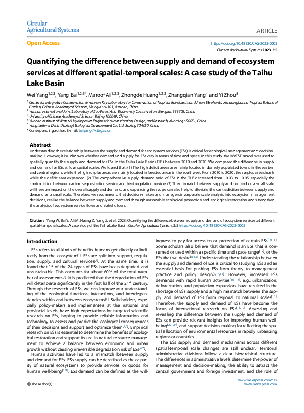 (PDF) Yang et al., 2023 Quantifying the difference between supply and demand of ecosystem ...