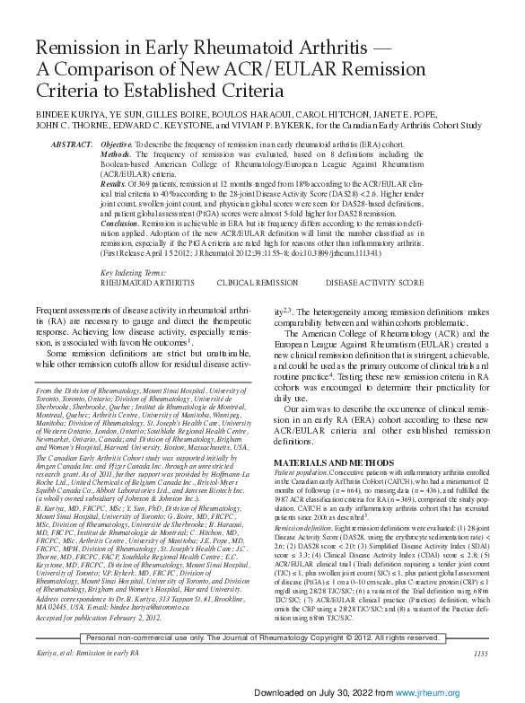 (PDF) Remission in Early Rheumatoid Arthritis — A Comparison of New ACR/EULAR Remission Criteria ...
