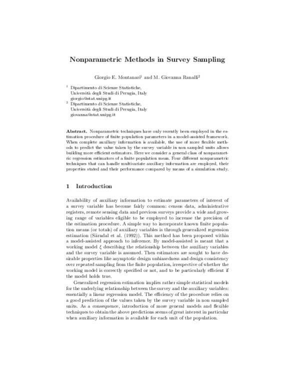 Pdf Nonparametric Methods In Survey Sampling Maria Giovanna Ranalli