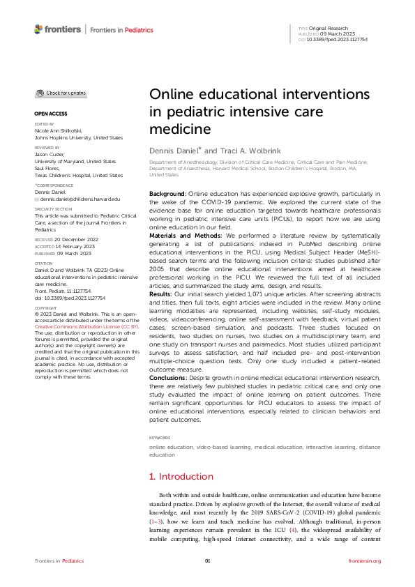 (PDF) Online educational interventions in pediatric intensive care medicine
